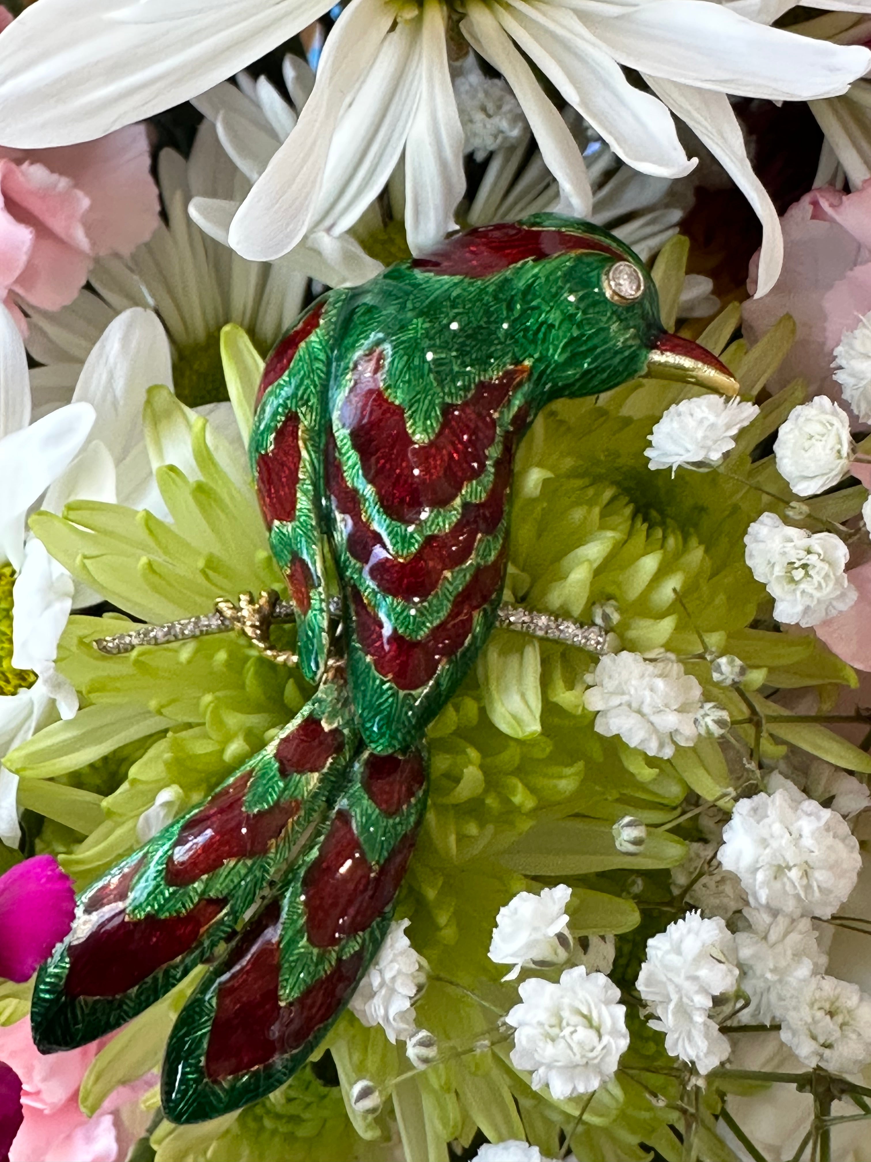 18 Karat Yellow Gold, Diamond, and Enamel Stylized Quetzal Bird Pin ...